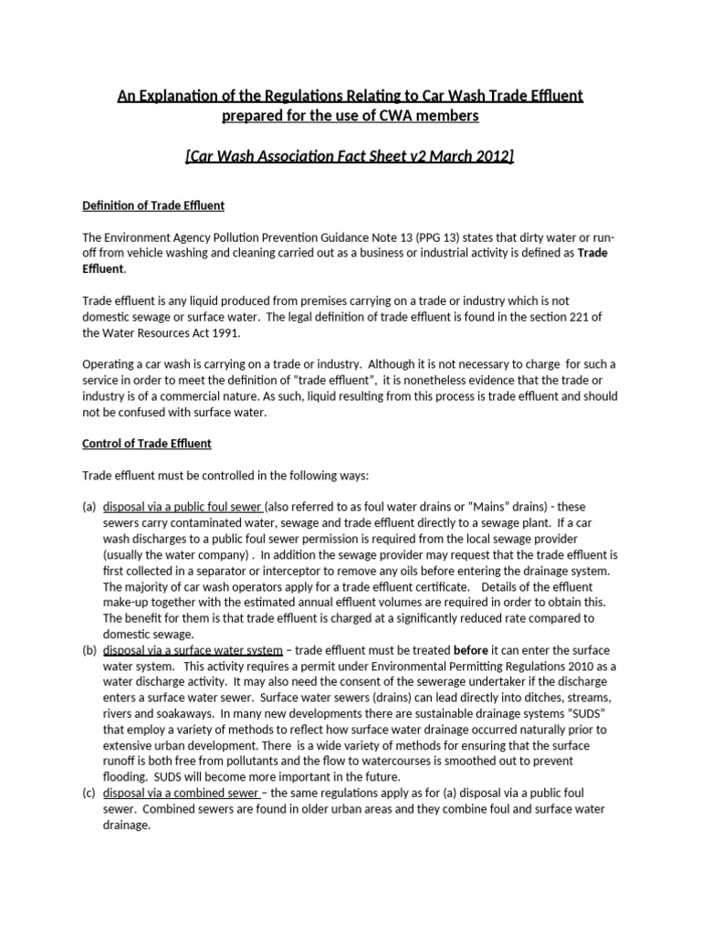 CWA - Car Wash Trade Effluent - CWA Fact Sheet v2 March 2012 | PDF ...