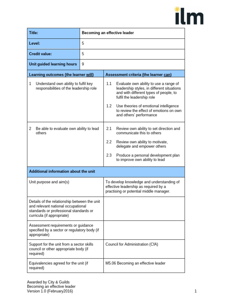 Becoming An Effective Leader Ilm Unit Spec | PDF | Leadership | Motivational