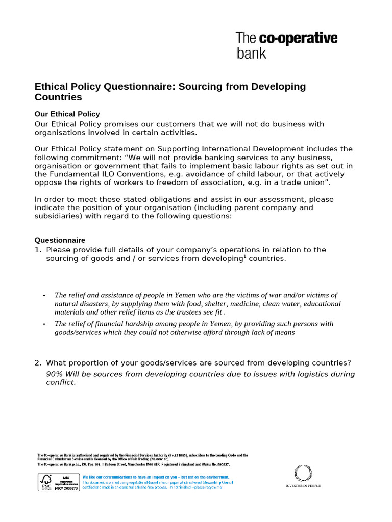 Ethical Policy Questionnaire Sourcing From Developing Countries | PDF ...