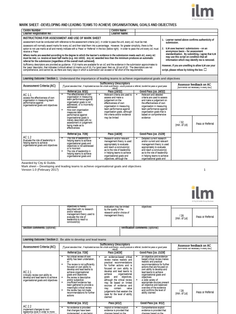 Developing and Leading Teams To Achieve Organisational Goals and Objectives Ilm Mark Sheet | PDF ...