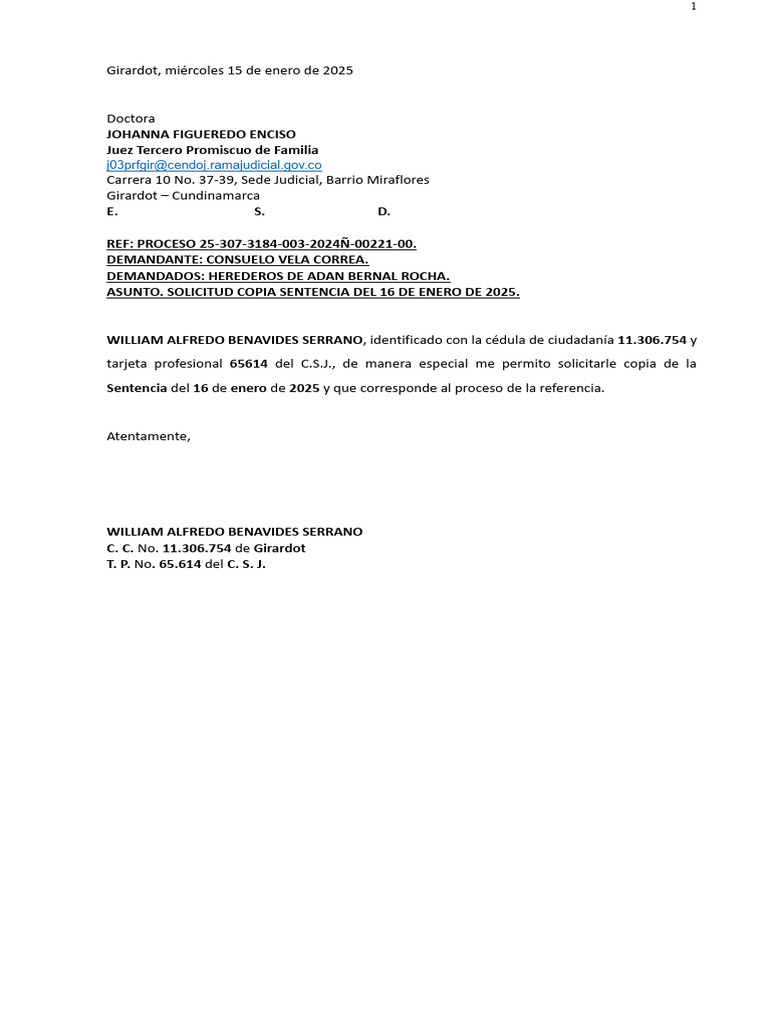 Solicitud Copia Sentencia Sucesion Adan Bernal Barsaloza | PDF