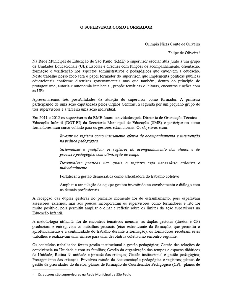 Supervisor Escolar: Papel Formador na RME | PDF | Pedagogia | Pré-escola