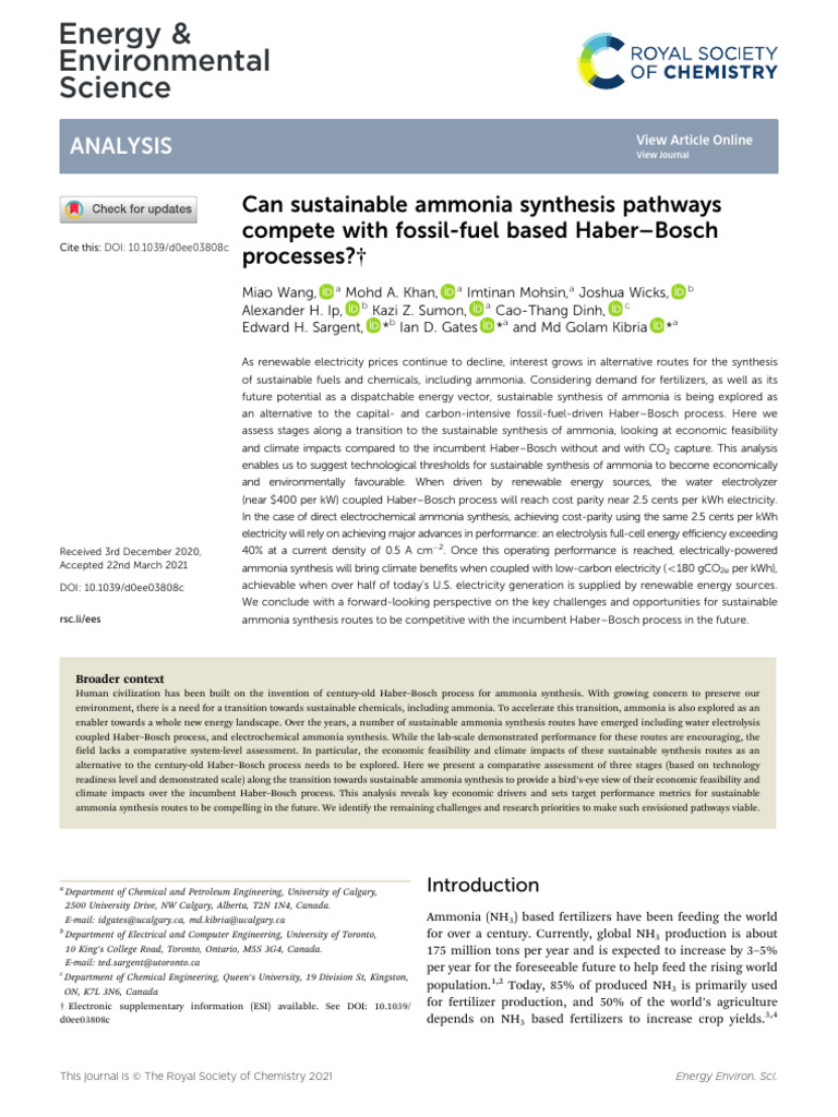 Can sustainable ammonia synthesis pathways compete with fossil-fuel ...