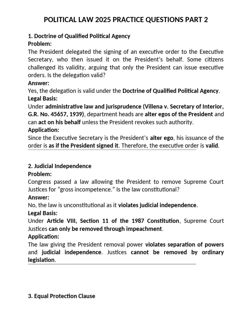 Political Law 2025 Practice Questions Part 2 | PDF | Presidents Of The ...