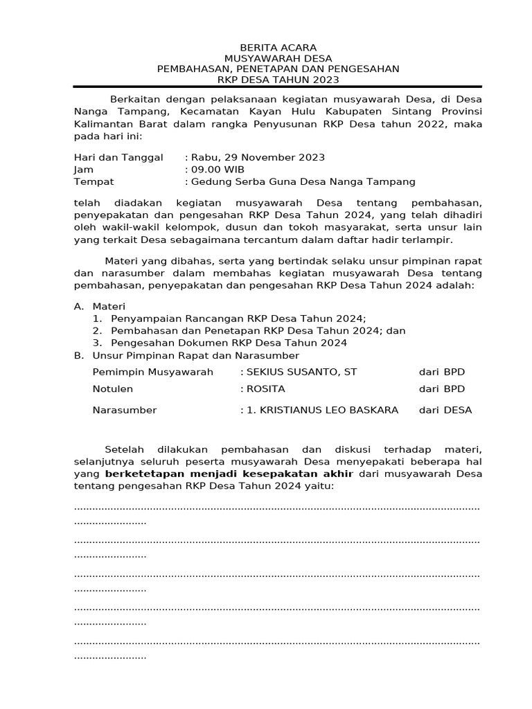 BA, Musdes Pengesahan RKP Desa | PDF