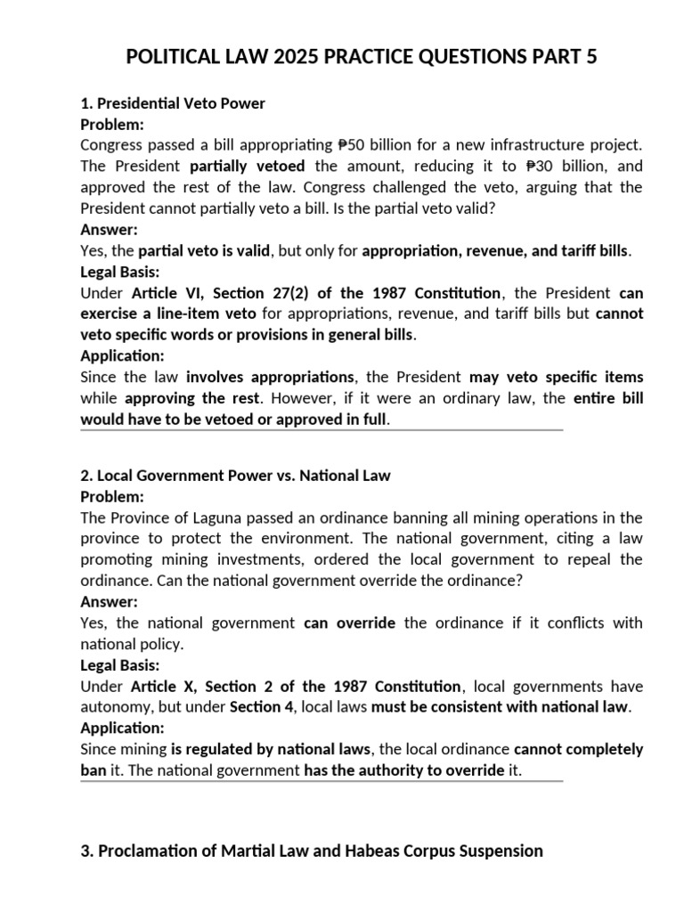 Political Law Practice Questions 2025 | PDF | Veto | Naturalization