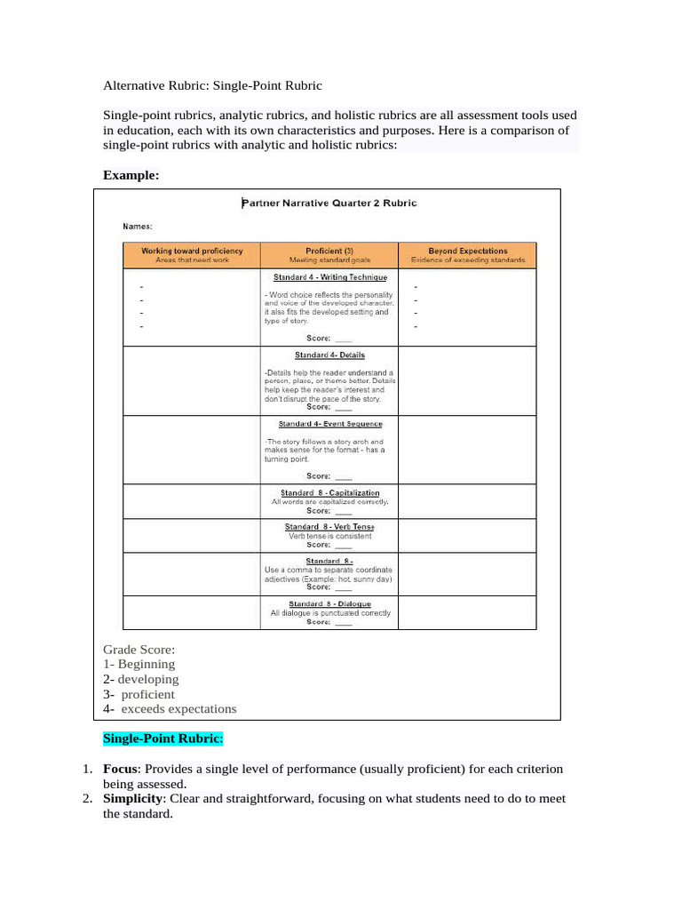 Alternative Rubric - Single-Point Rubric | PDF | Educational Assessment ...