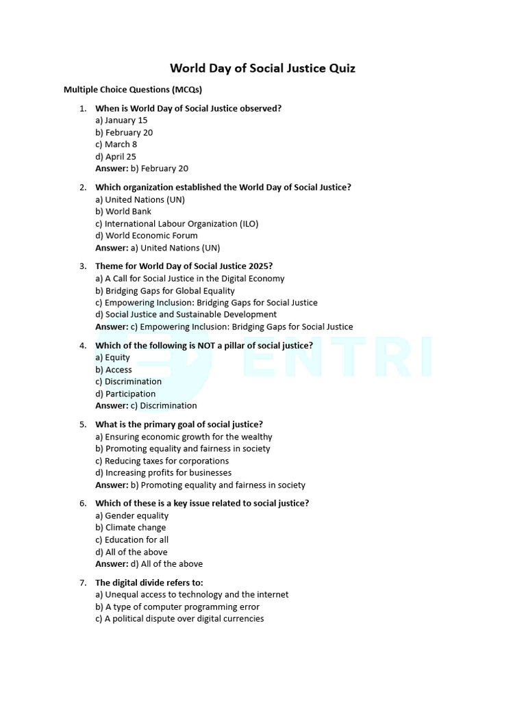 World Day of Social Justice Quiz MCQs | PDF | Social Justice | Labour ...