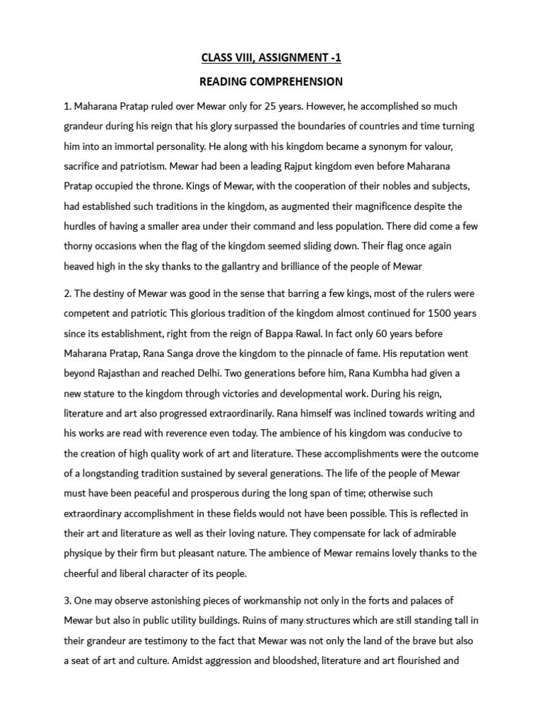 Class Viii, Assignment - 1 Reading Comprehension | PDF
