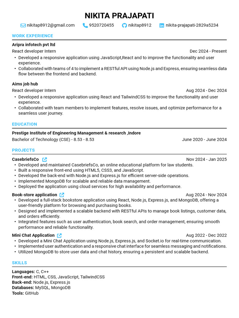 React Developer Intern Experience & Projects | PDF | Java Script | Mongo Db
