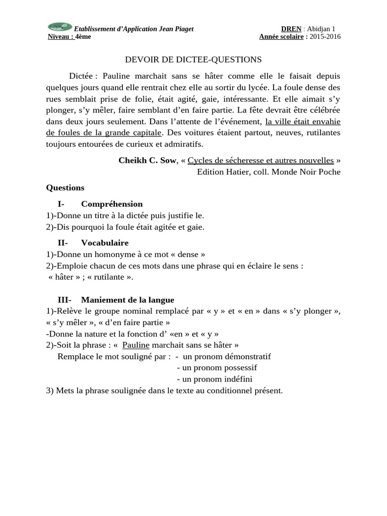 Dictée 4ème : Pauline et la fête | PDF