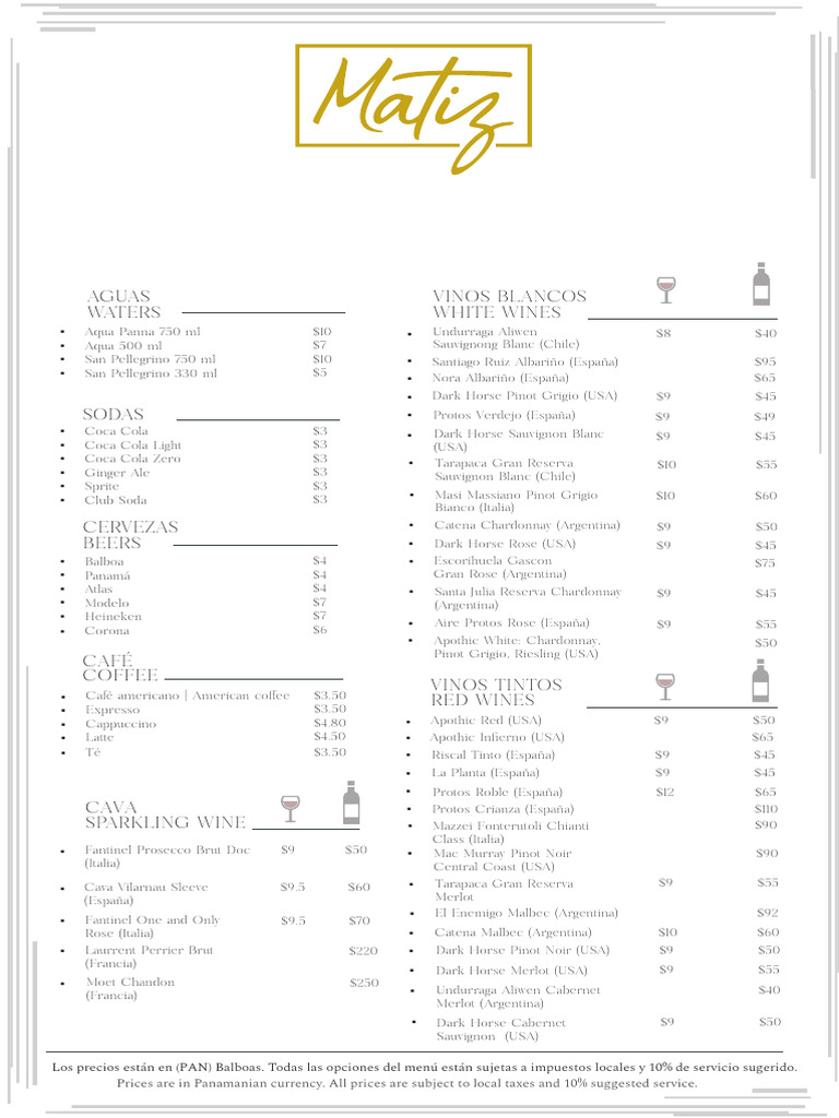 Menu Matiz - Bebidas 2023 | PDF | Vino | Variedades De Uva De Vino