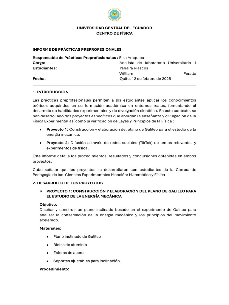 Informe de Prácticas Preprofesionales | PDF | Física | Experimentar
