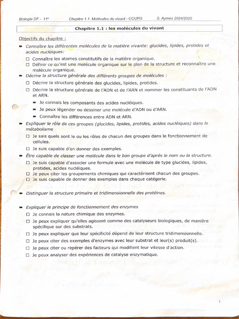 Biologie Chap. 1.1 Cours | PDF