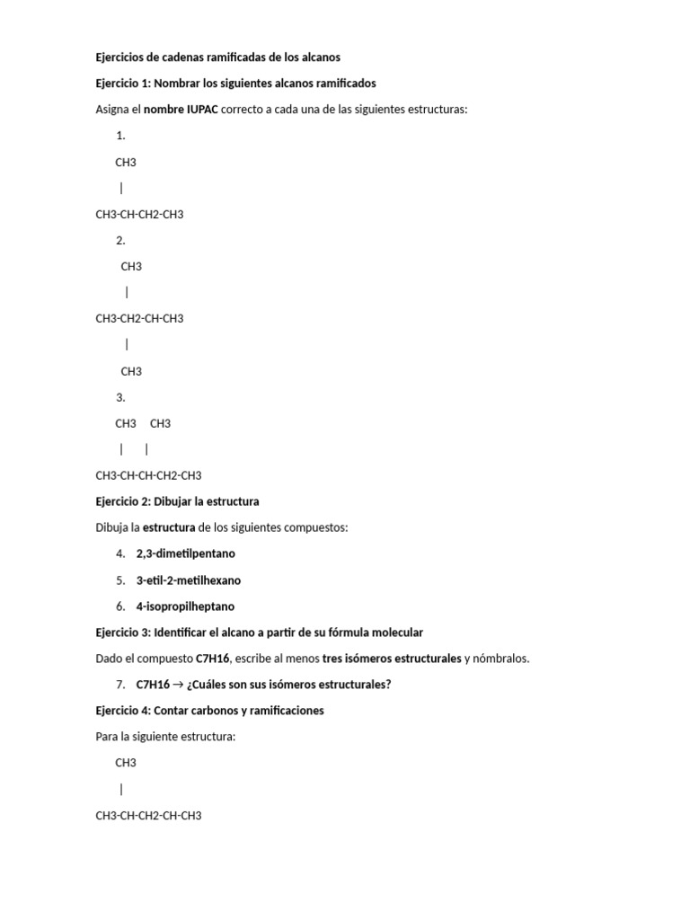 Ejercicios de Cadenas Ramificadas de Los Alcanos | PDF | Alcano | Isómero