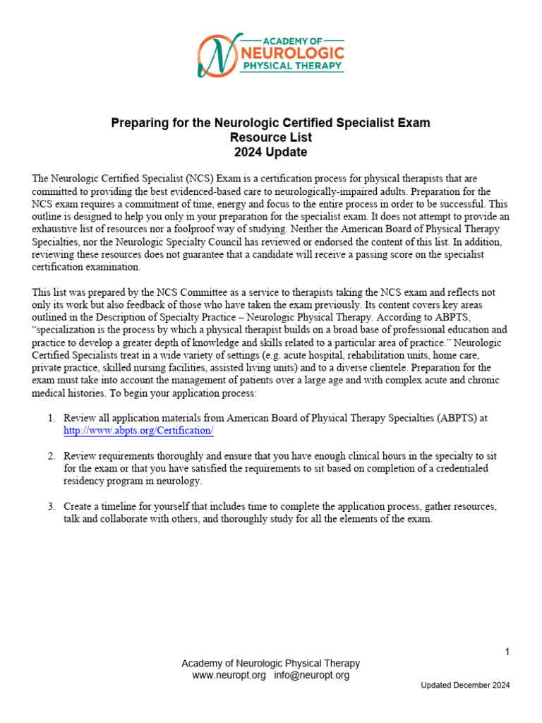 NCS Exam Preparation Resource List 2024 | PDF | Physical Therapy ...