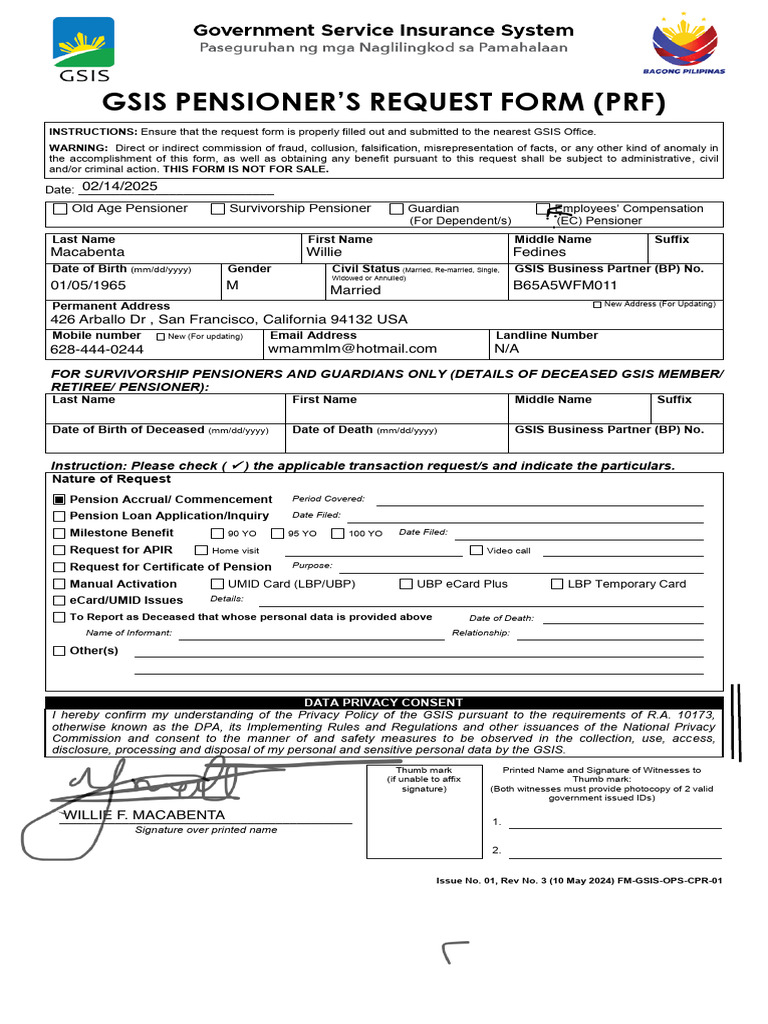 GSIS Pensioner Request Form (PRF) | PDF