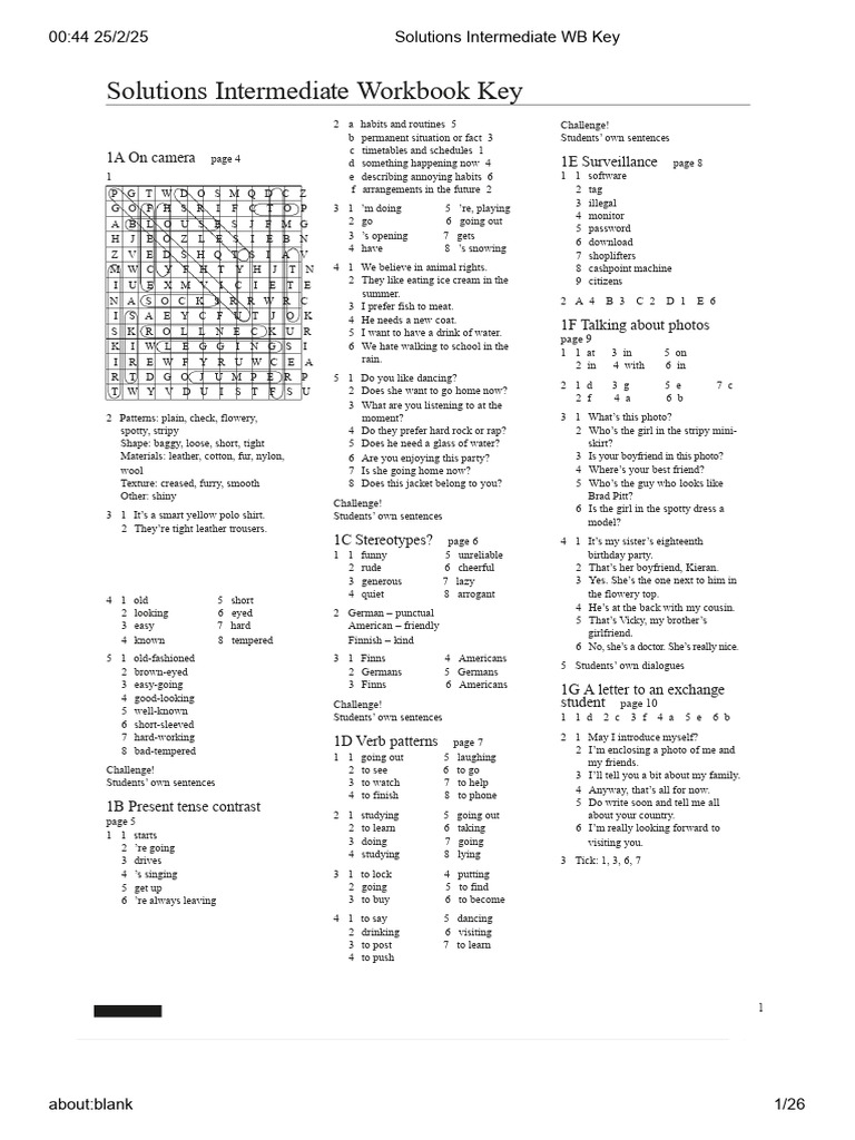 Solutions Intermediate WB Key | PDF | Photograph