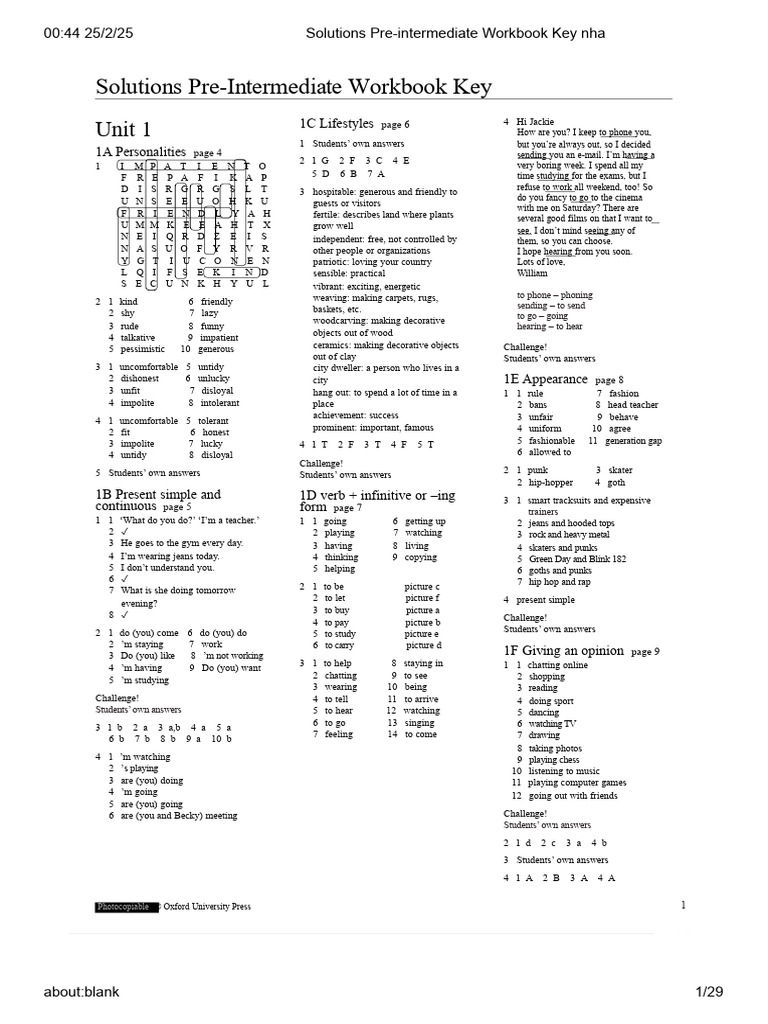 Solutions Pre-Intermediate Workbook Key Nha | PDF