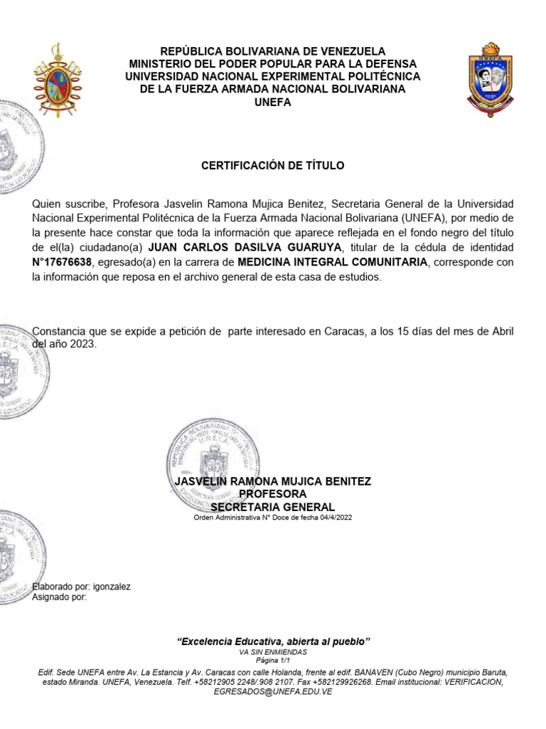 Certificación de Título UNEFA 2023 | PDF