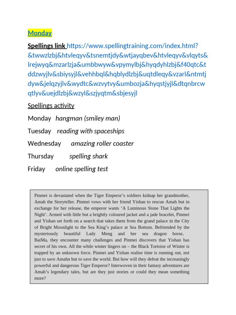 Weekly Spelling and Learning Activities | PDF