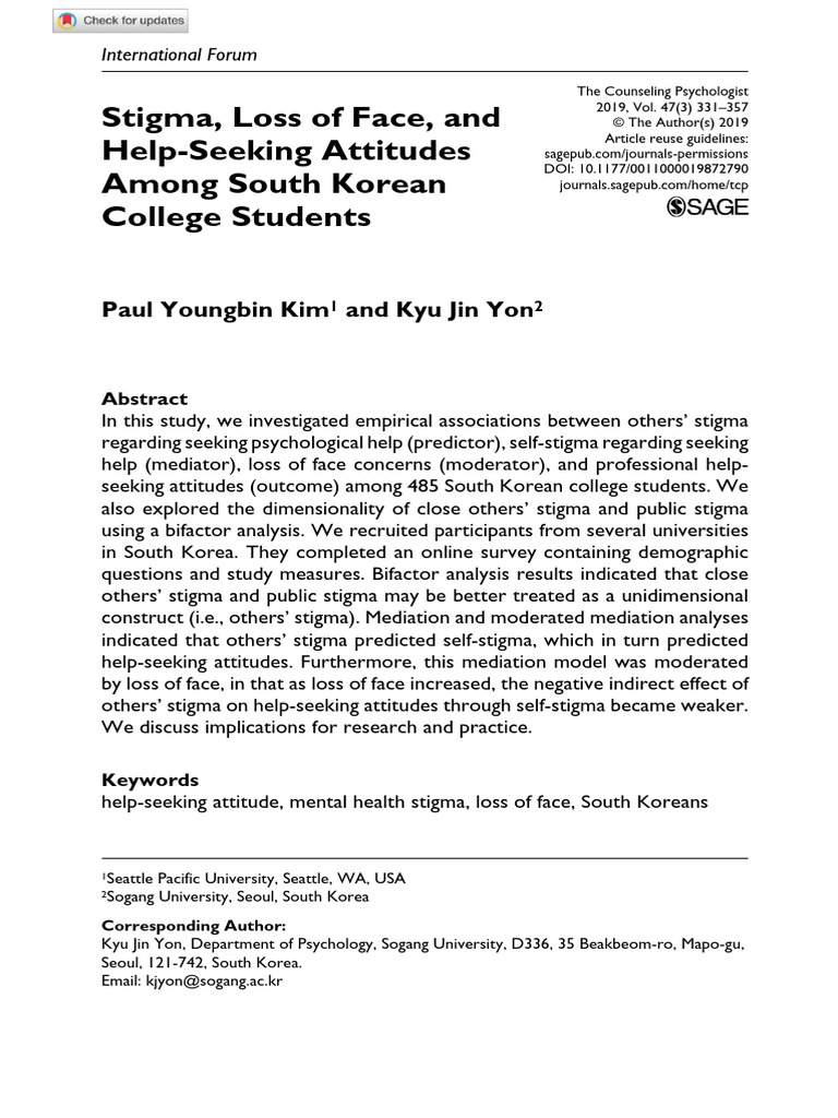 Stigma, Loss of Face, and Help Seeking Attitudes Among South Korean ...