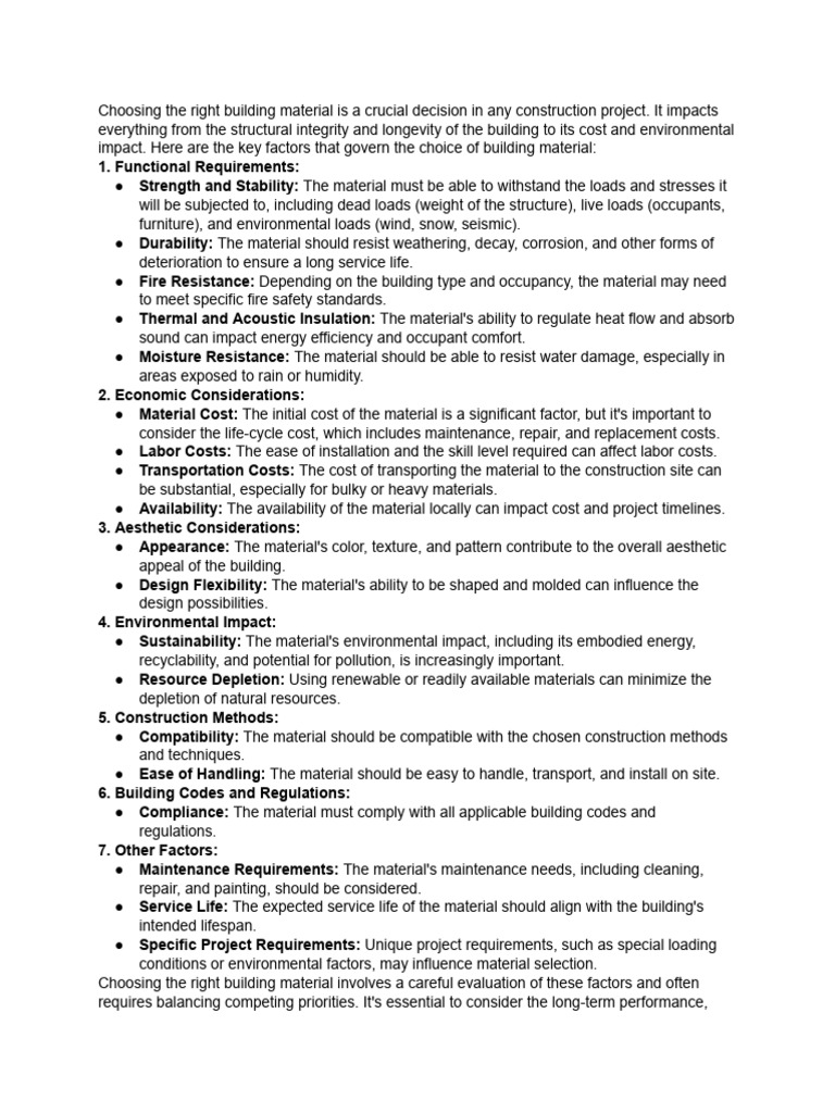 Key Factors in Building Material Selection | PDF | Building Materials | Structural Load