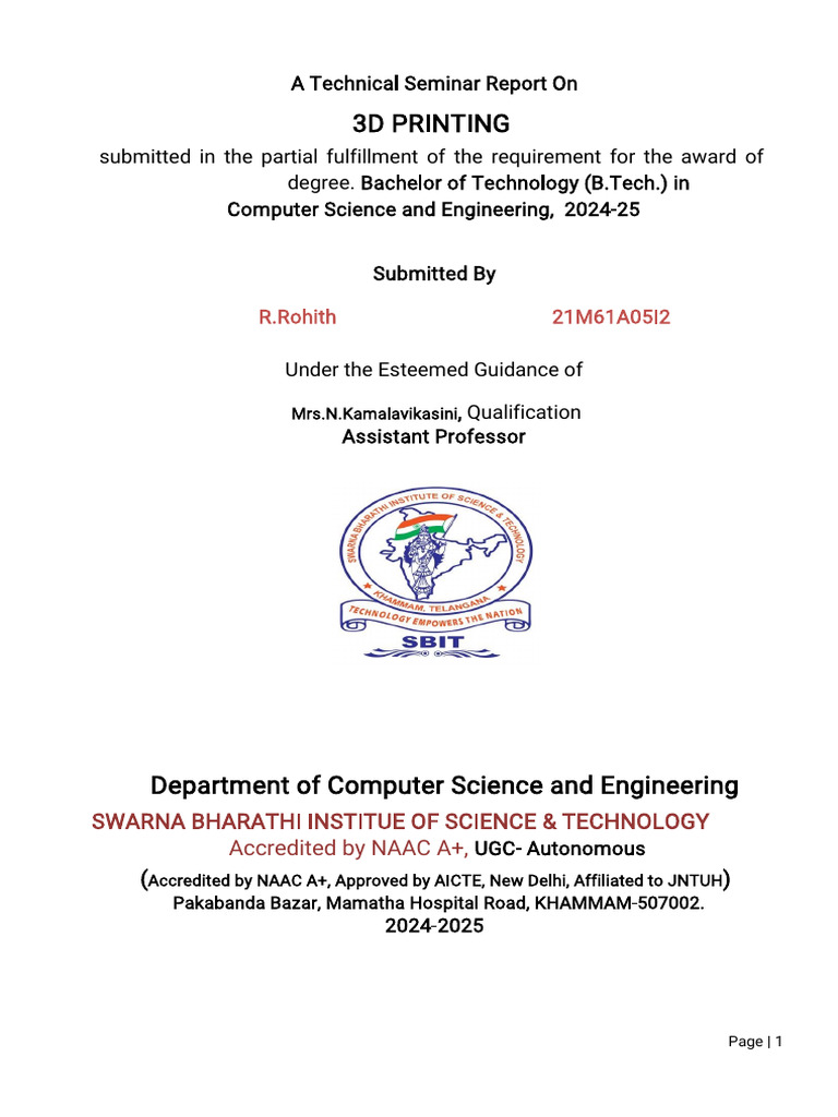 Technical Seminor Report of 3d Printing | PDF | 3 D Printing | Materials