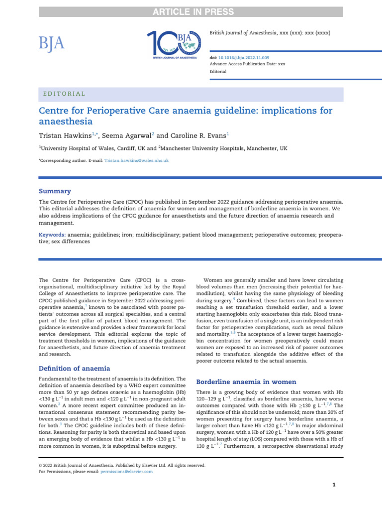 Perioperative Anaemia, BJA | PDF | Anemia | Surgery
