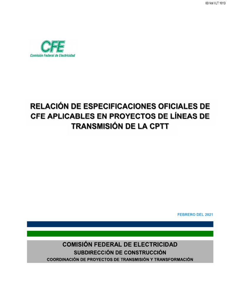 Relacion de Especificaciones oficiales de CFE aplicables en Proyectos ...