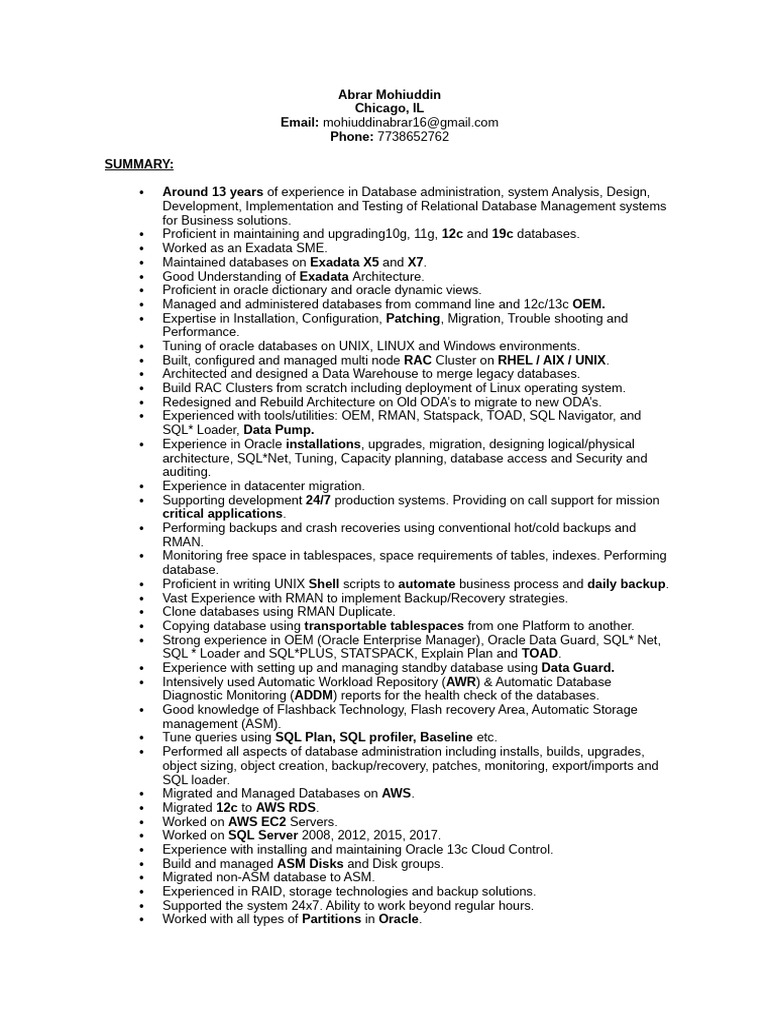 Abrar Mohiuddin DBA 06102024 | PDF | Databases | Postgre Sql