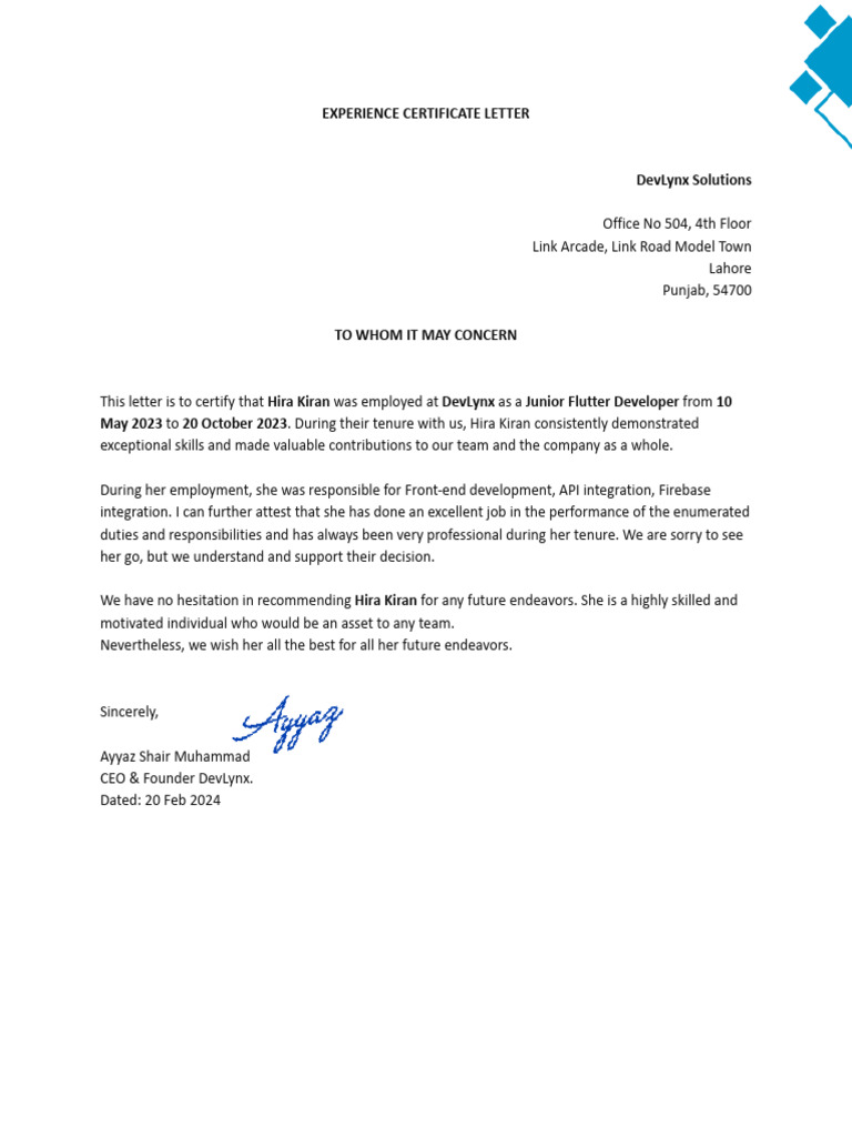 Experience Letter Devlynx | PDF
