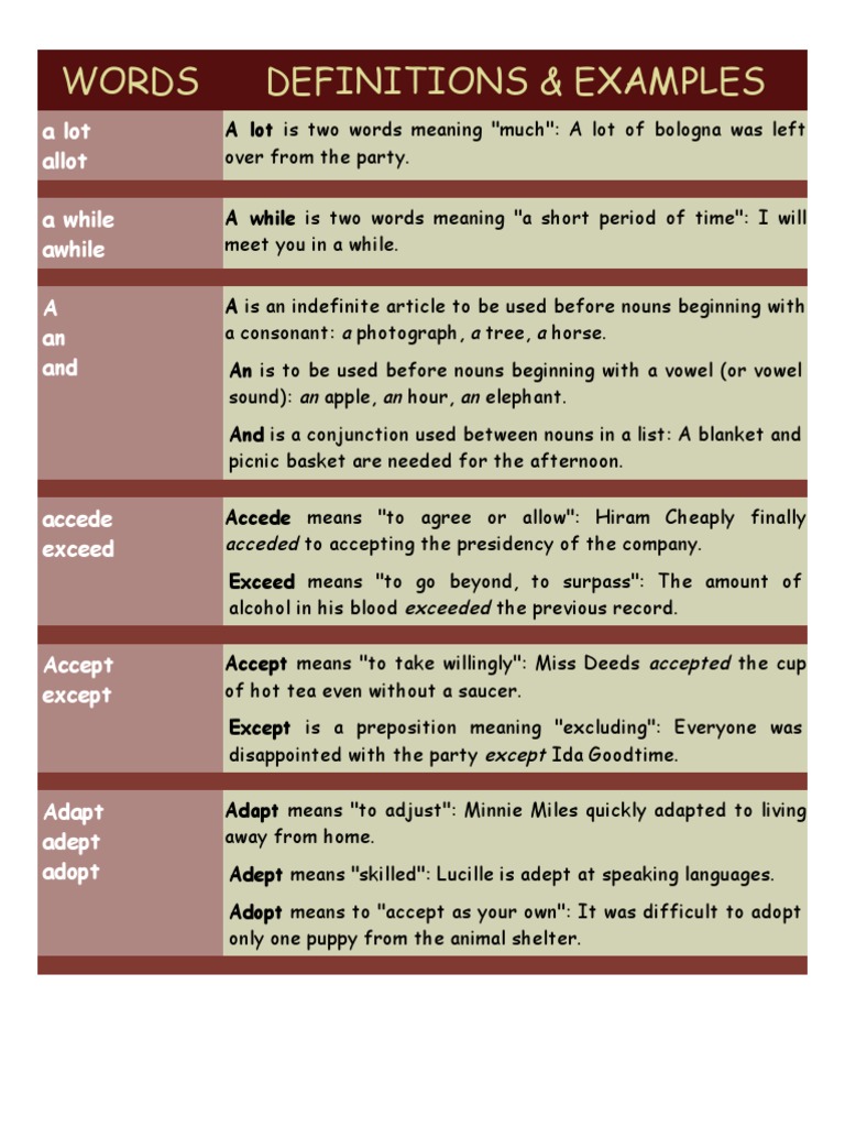 Words Definitions & Examples: A Lot Allot A While Awhile A An and | PDF ...