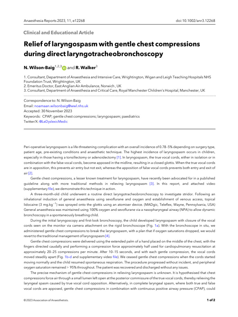 Relief of laryngospasm with gentle chest compressions, Association og ...