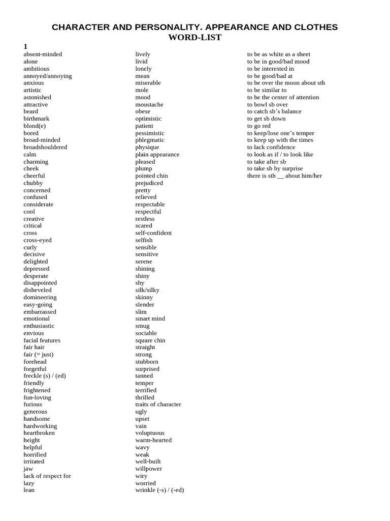 Word List - Appearance - Clothing - Character | PDF | Sweater | Clothing