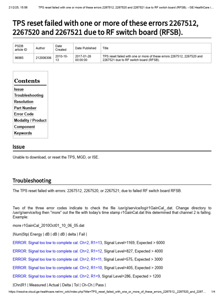TPS Reset Failed With One or More of These Errors 2267512, 2267520 and 2267521 Due To RF Switch ...