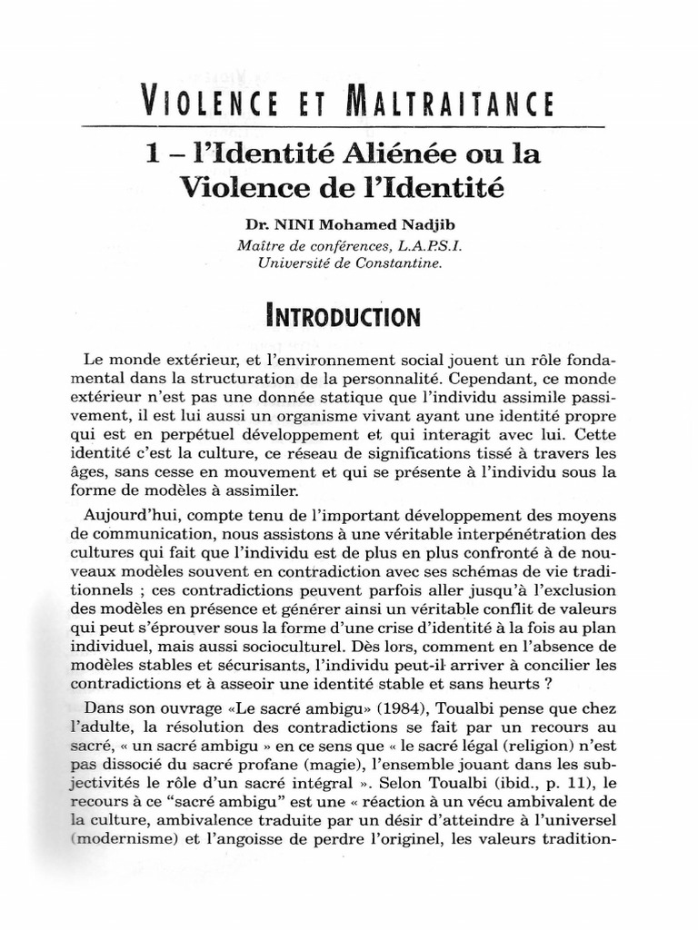l'Identité Aliénée ou la Violence de l'Identité | PDF