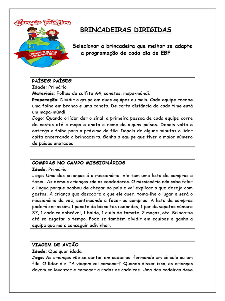 JOGOS E BRINCADEIRAS DIRIGIDAS PARA A EBF - PDF Versão 1 | PDF | Desenho | Bíblia