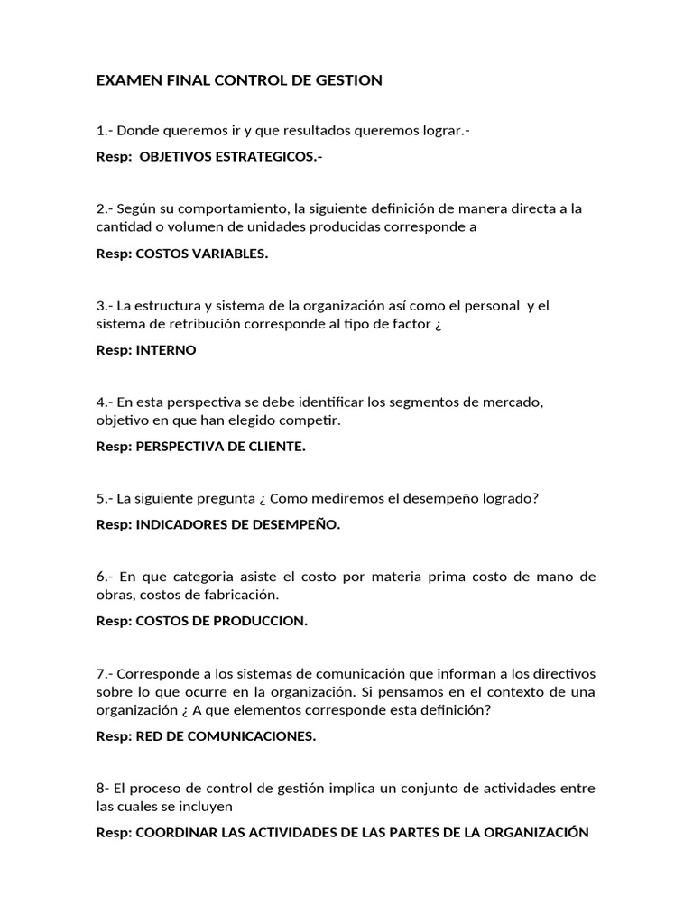 Examen Final Control de Gestion | PDF | Planificación | Business