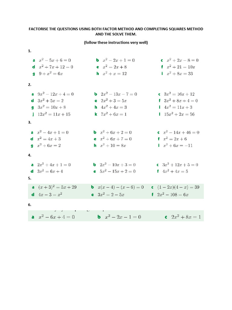 Factorise The Questions Using Both Factor Method and Completing Squares Method and The Solve ...