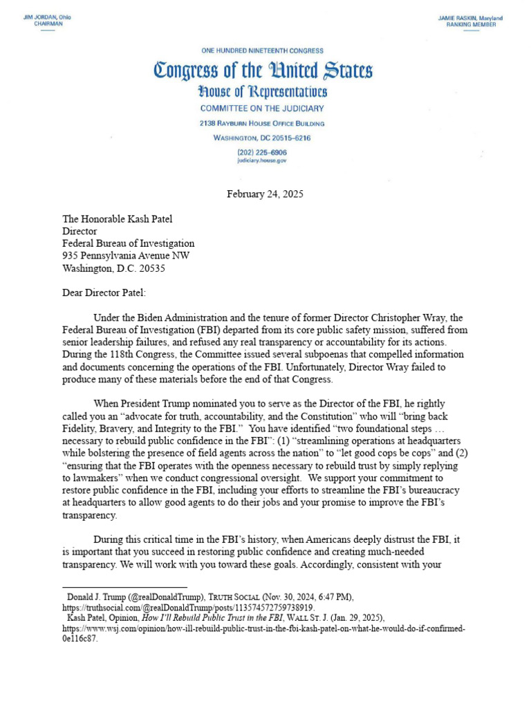 2025-02-24 JDJ To Patel - FBI Re Subpoenas | PDF | Federal Bureau Of ...