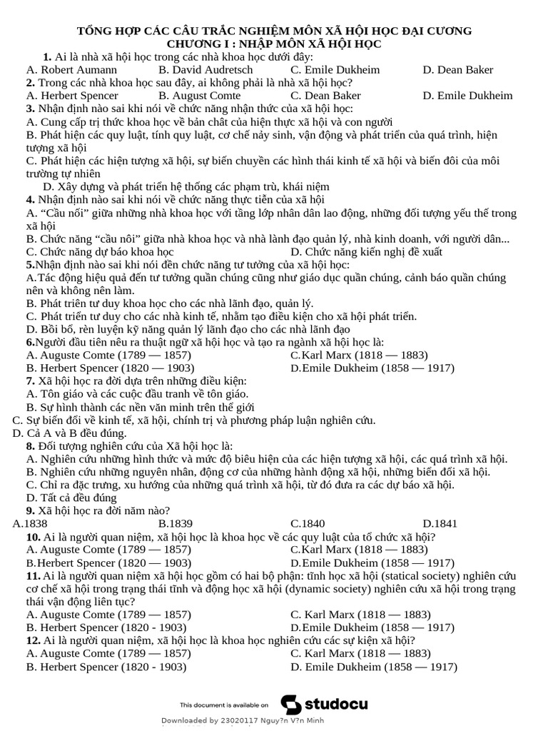 Trac Nghiem Xa Hoi Hoc Xa Hoi Hoc Dai Cuong | PDF