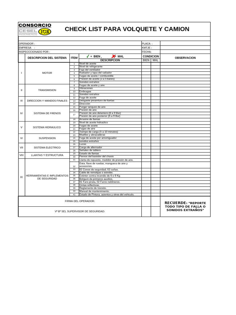 Checklist de Inspección para Volquetes y Camiones | PDF | Camión ...