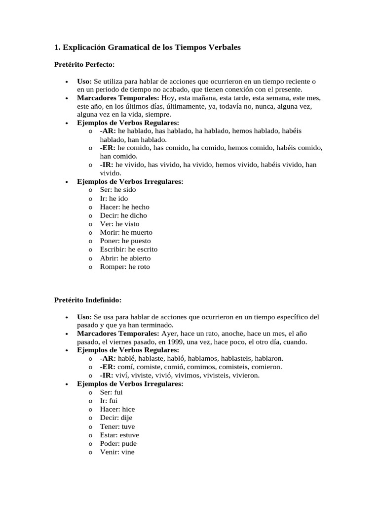 Ejercicios Tiempos Verbales en Pasado | PDF | Verbo | Mecánica del lenguaje
