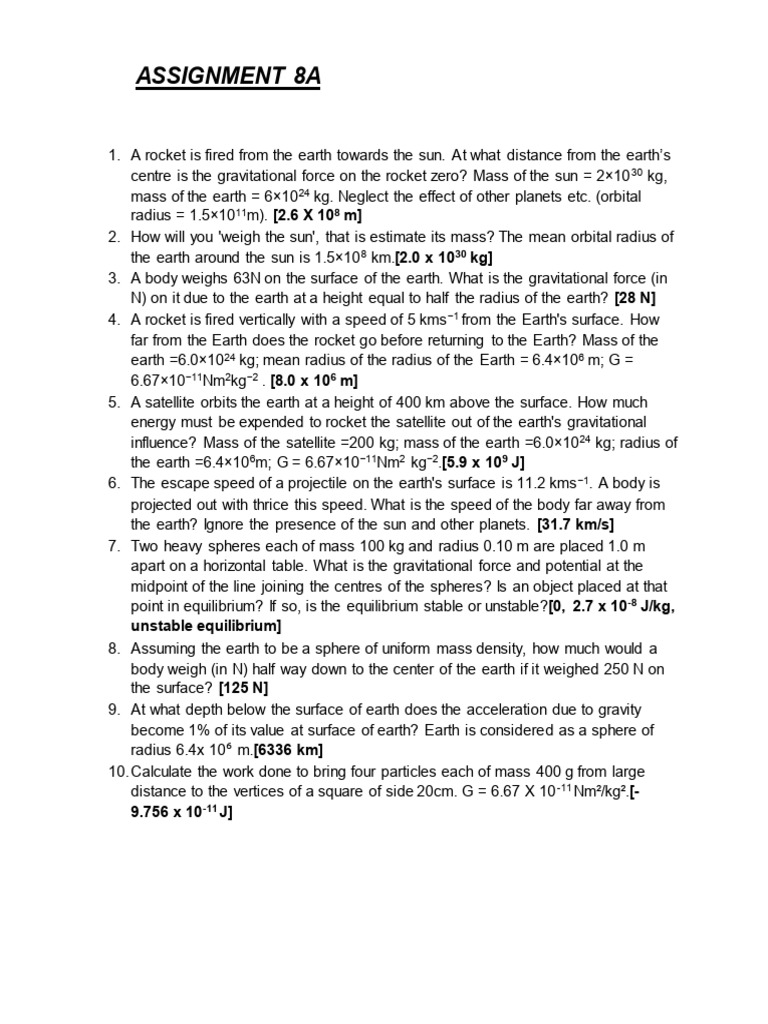 Gravitation ... Assignment 8A | PDF