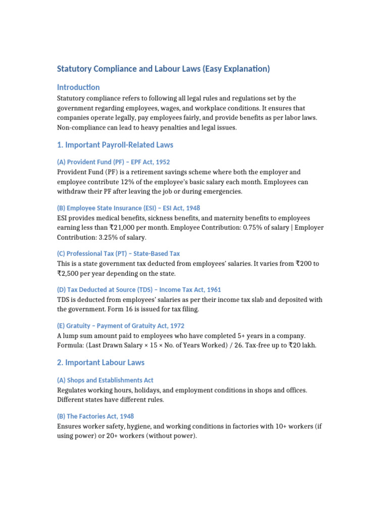 Statutory Compliance Labour Laws | PDF | Employment | Salary
