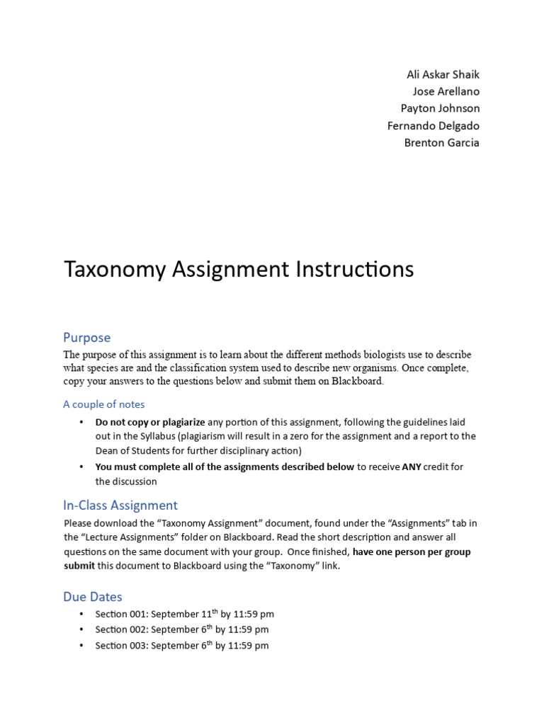 Taxonomy In-Class Assignment-1 | PDF | Taxonomy (Biology) | Species