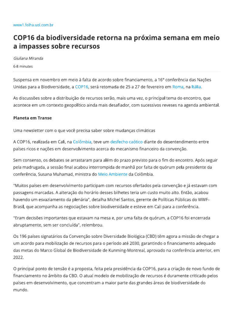 COP16 Da Biodiversidade Retorna Na Próx.. | PDF