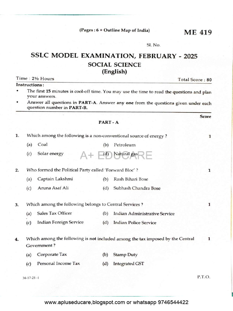 A+ Blog-Sslc-Model Exam 2025-Social Science-Qn Paper (Em) | PDF
