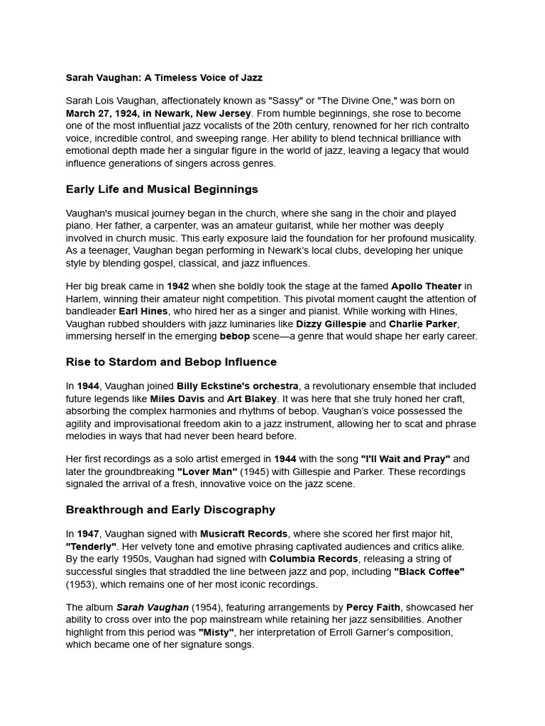 Sarah Vaughan: Jazz Legend and Influencer | PDF | Jazz | African ...